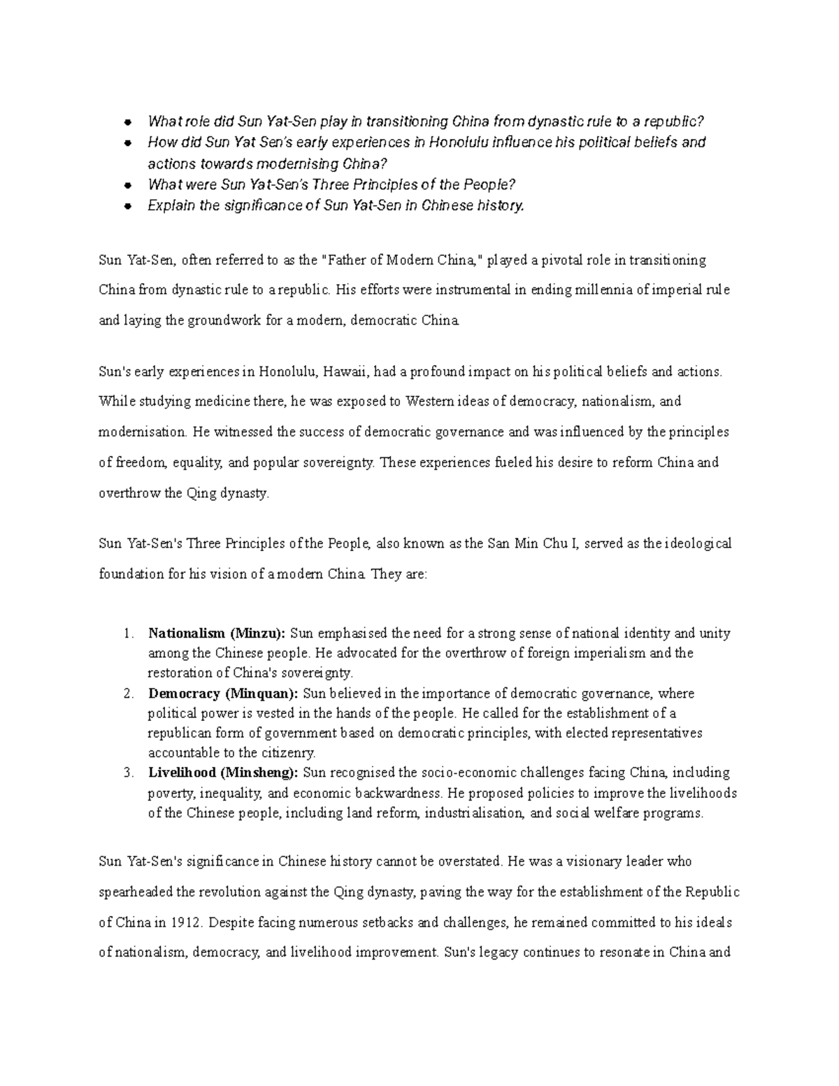History Work and Summarised notes - What role did Sun Yat-Sen play in ...