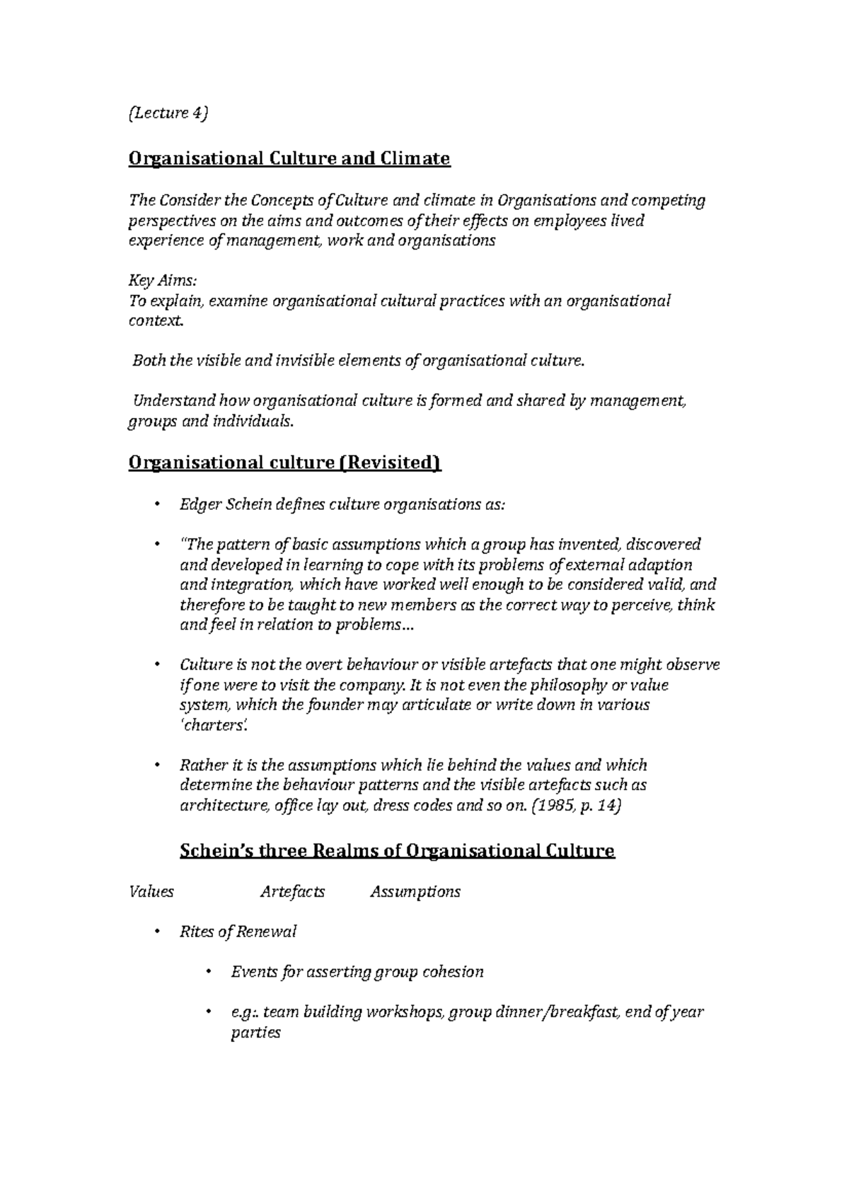 Week 5 IMPD Lecture notes (Term 2) - (Lecture 4) Organisational Culture ...