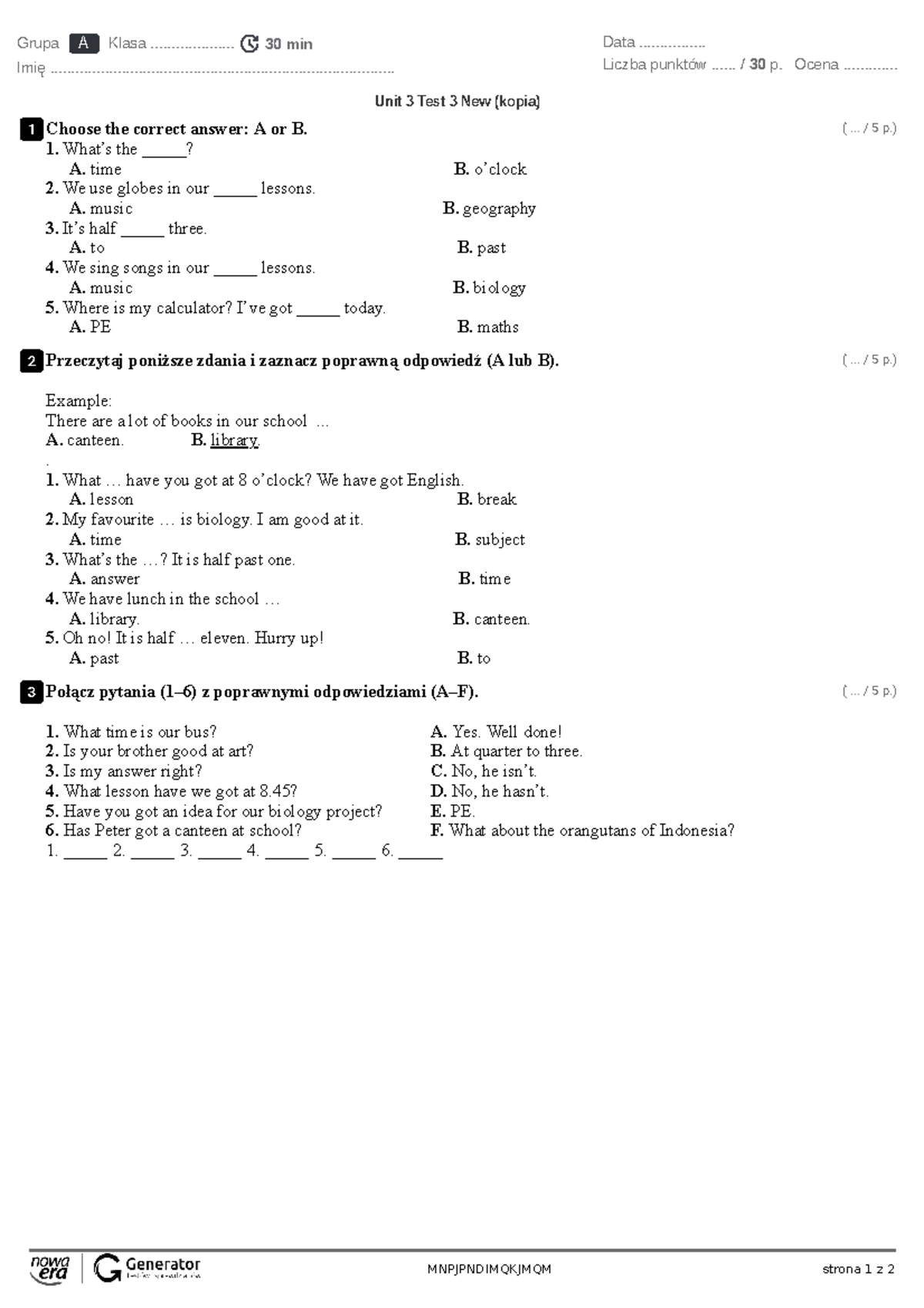 Unit 3 Test 3 New (kopia) Test – ekowydruk - MNPJPNDIMQKJMQM strona 1 z ...