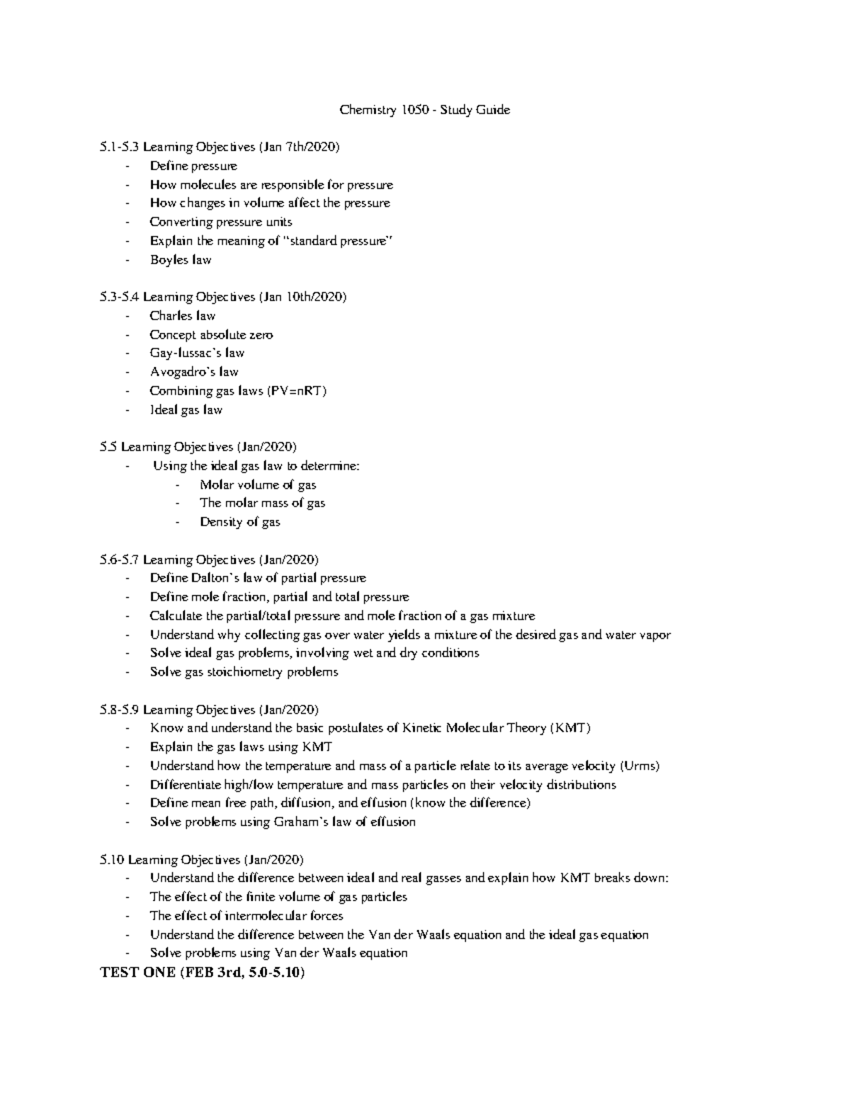 Chemistry 1050 - Study Guide - Chemistry 1050 - Study Guide 5.1-5 Learning Objectives (Jan - Studocu