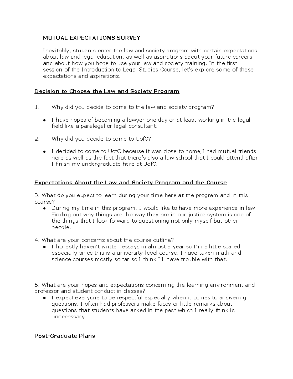 Mutual Expectations Survey LWSO 203 - MUTUAL EXPECTATIONS SURVEY ...