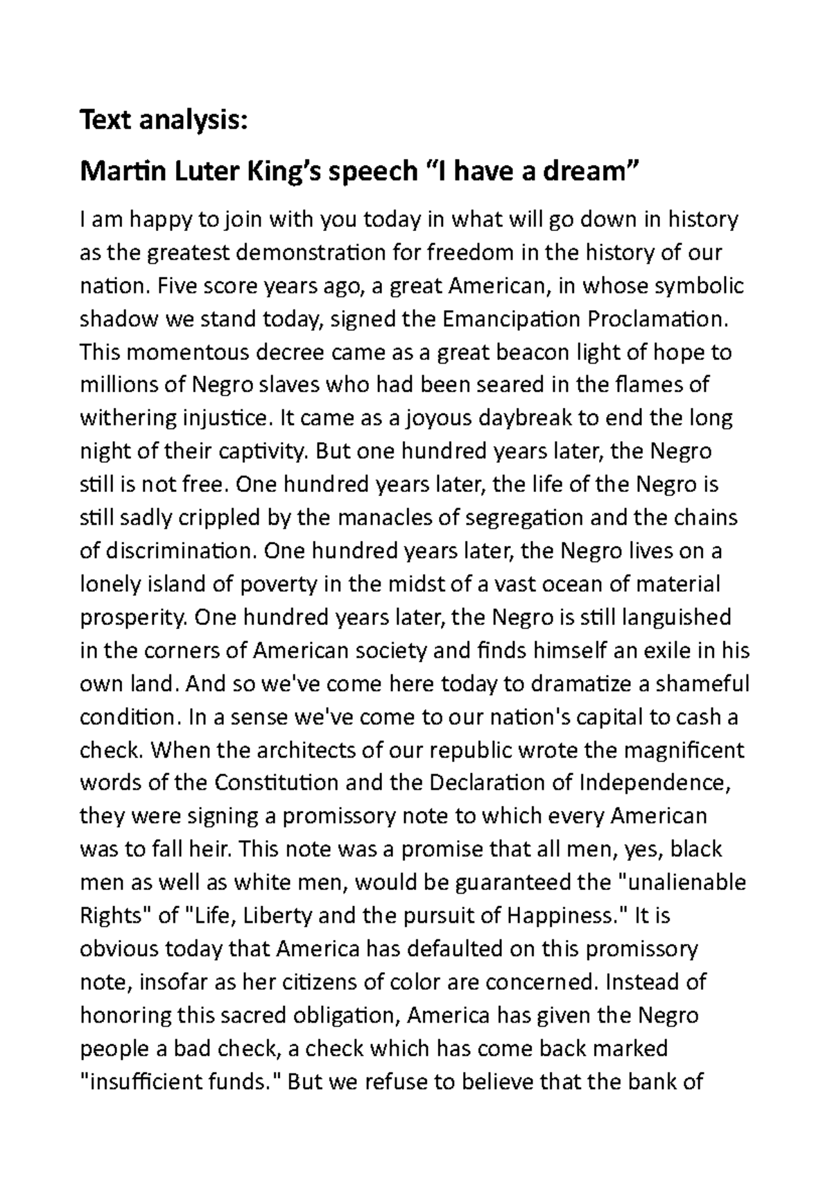 Text analysis M.Luter King speech - Text analysis: Martin Luter King’s ...
