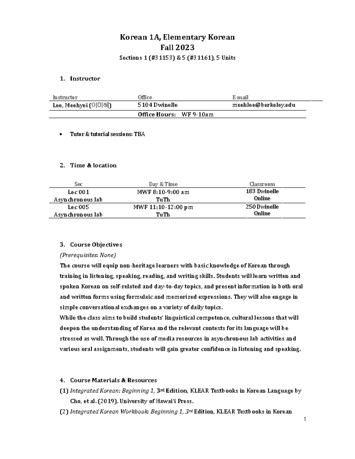 K1A Syllabus (Fall 2023) - Korean 1A, Elementary Korean Fall 202 3 ...