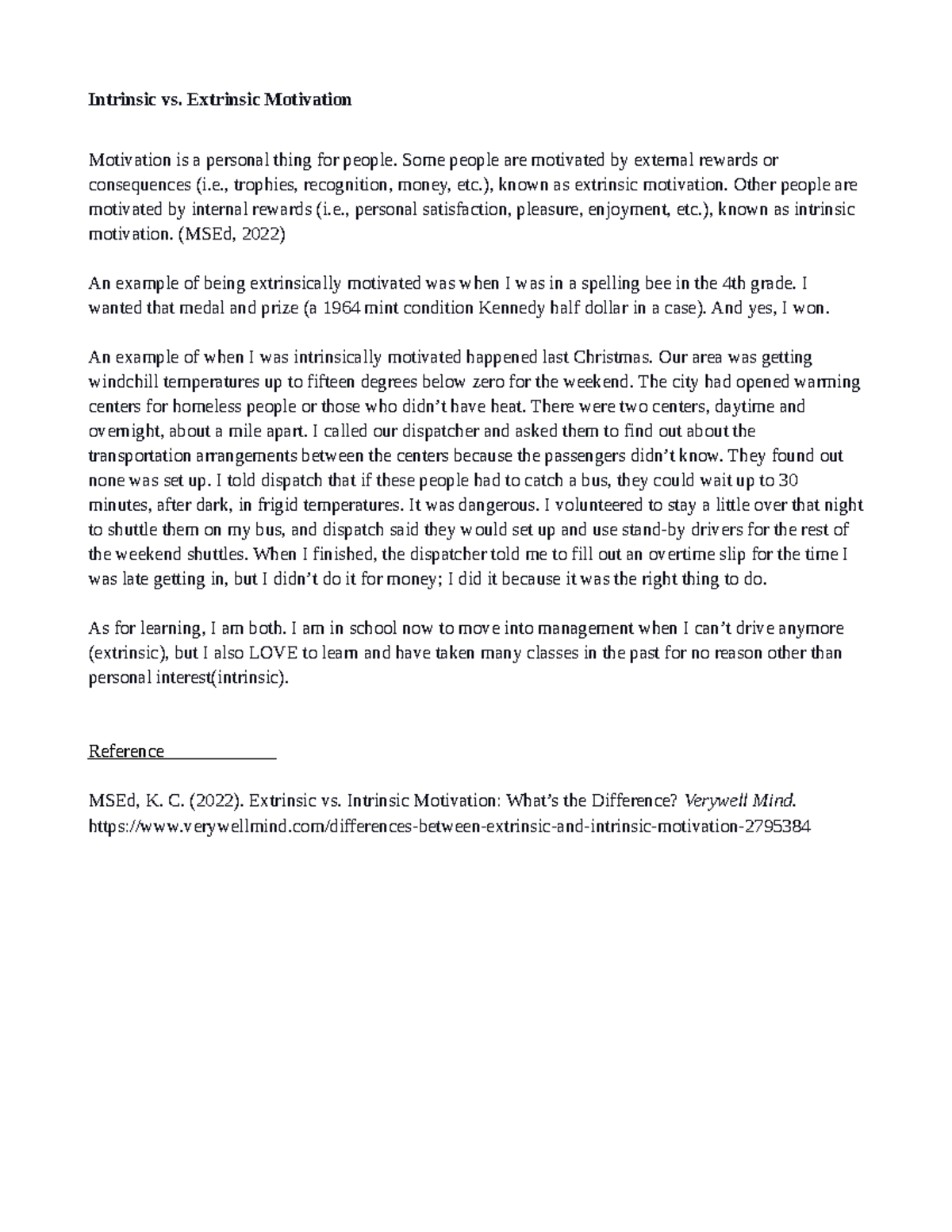 UNIV1001 Unit 5 Learning Journal - Intrinsic vs. Extrinsic Motivation ...