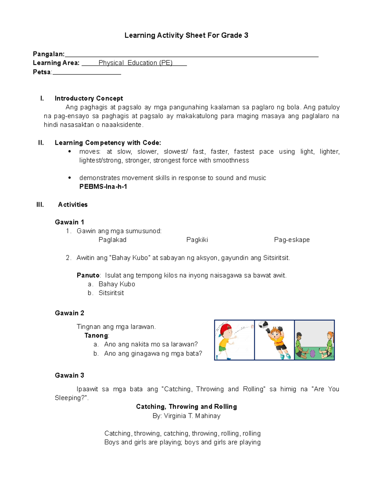 Learning Activity Sheet For Grade 3 - Introductory Concept Ang paghagis ...