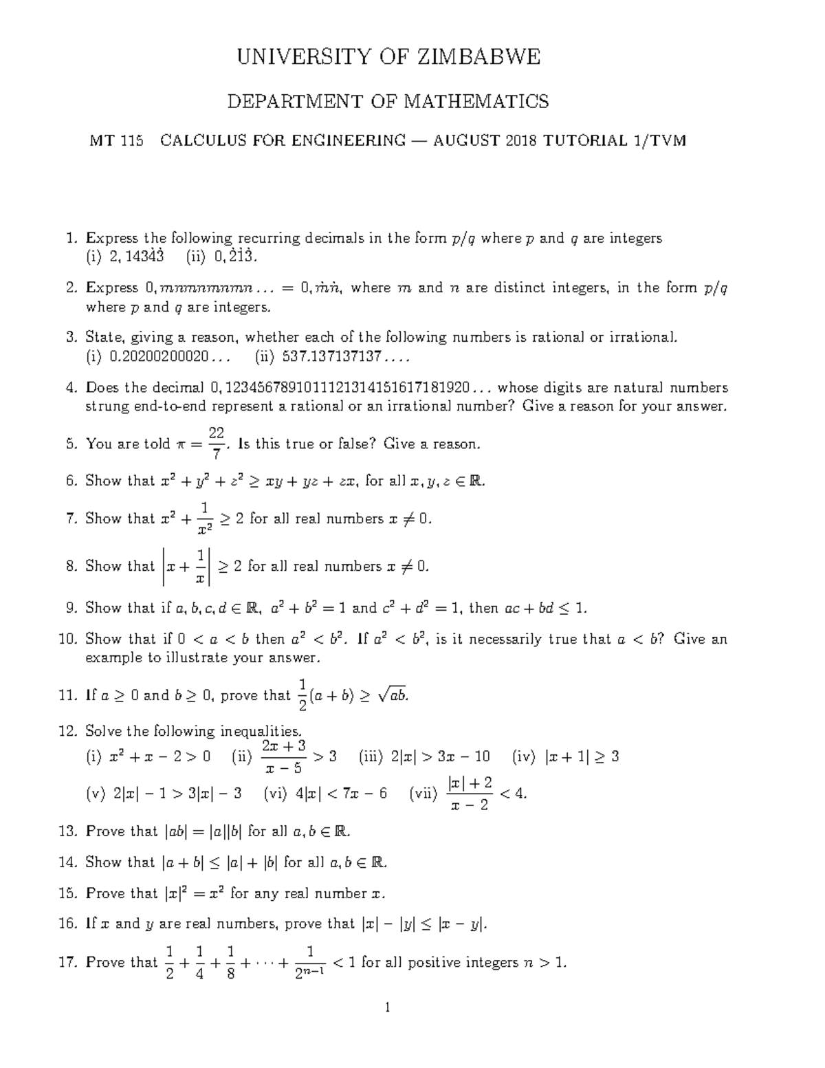 MT 115 Tutorial 1 AUG 2019 - UNIVERSITY OF ZIMBABWE DEPARTMENT OF ...