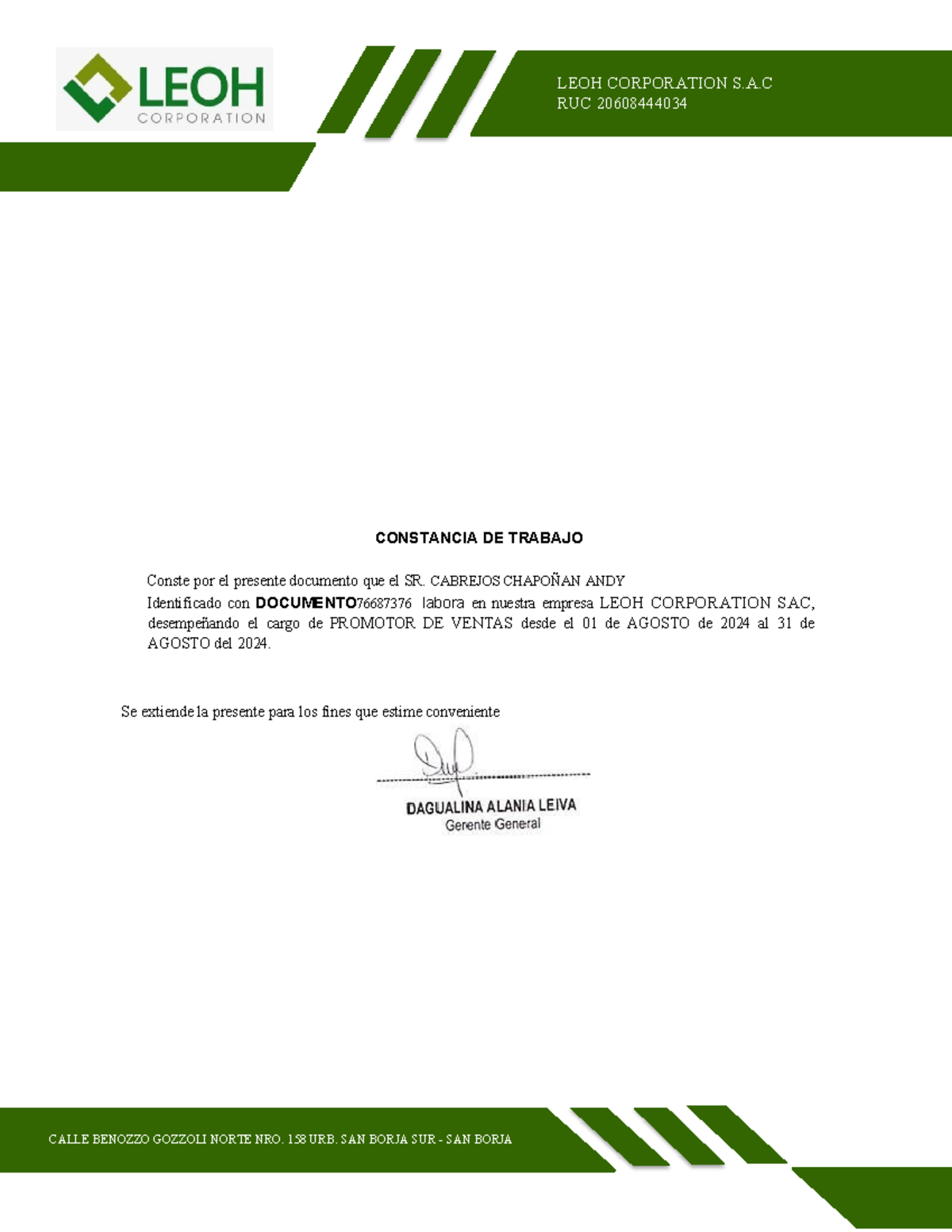 Contancia Y Carta - ANDY - LEOH CORPORATION S.A RUC 20608444034 ...