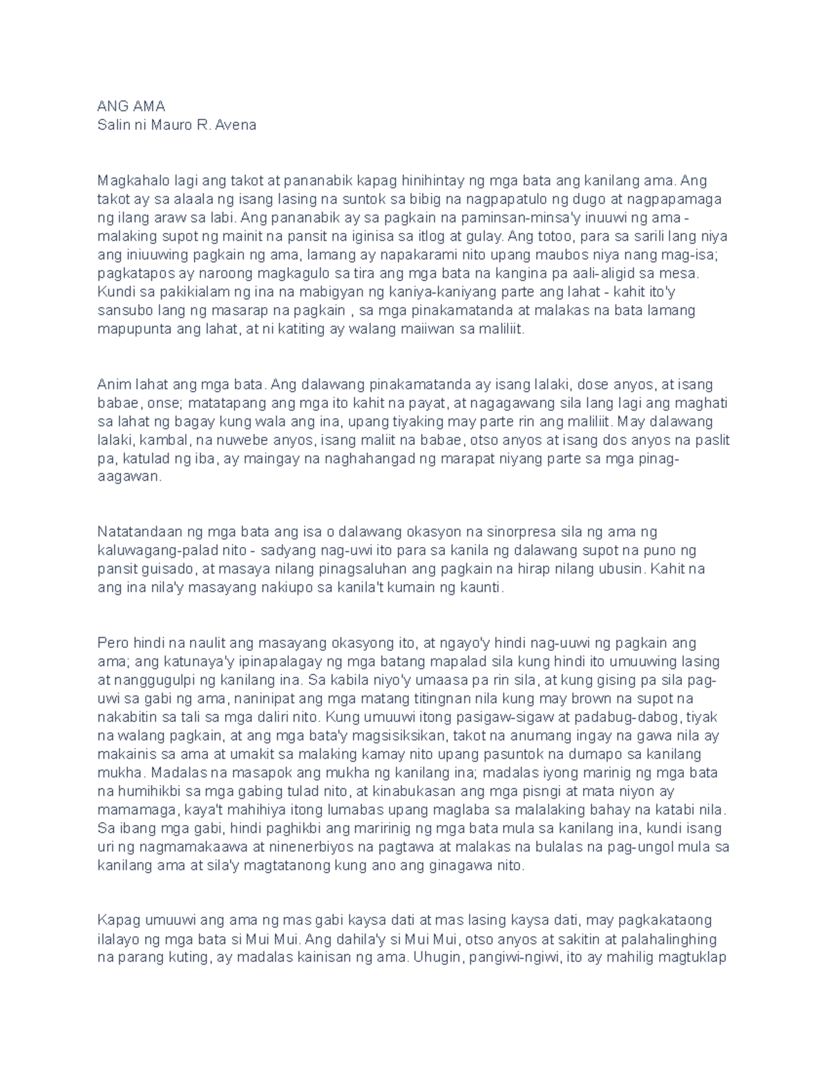 ANG AMA - maikling kuwneto - ANG AMA Salin ni Mauro R. Avena Magkahalo ...