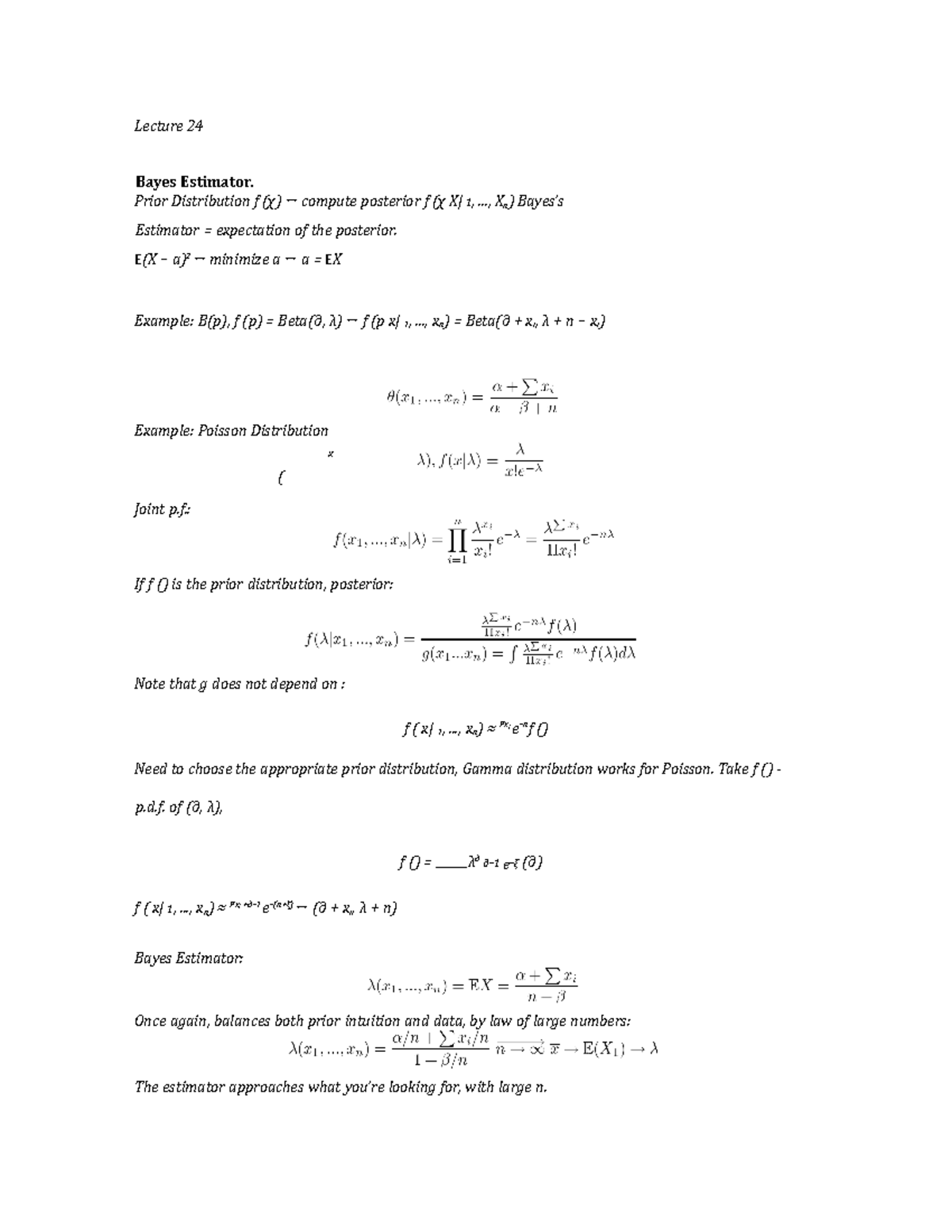 Bayes Estimator Prior Distribution F χ ↔ Compute Posterior F χ X 1 Xn Bayess