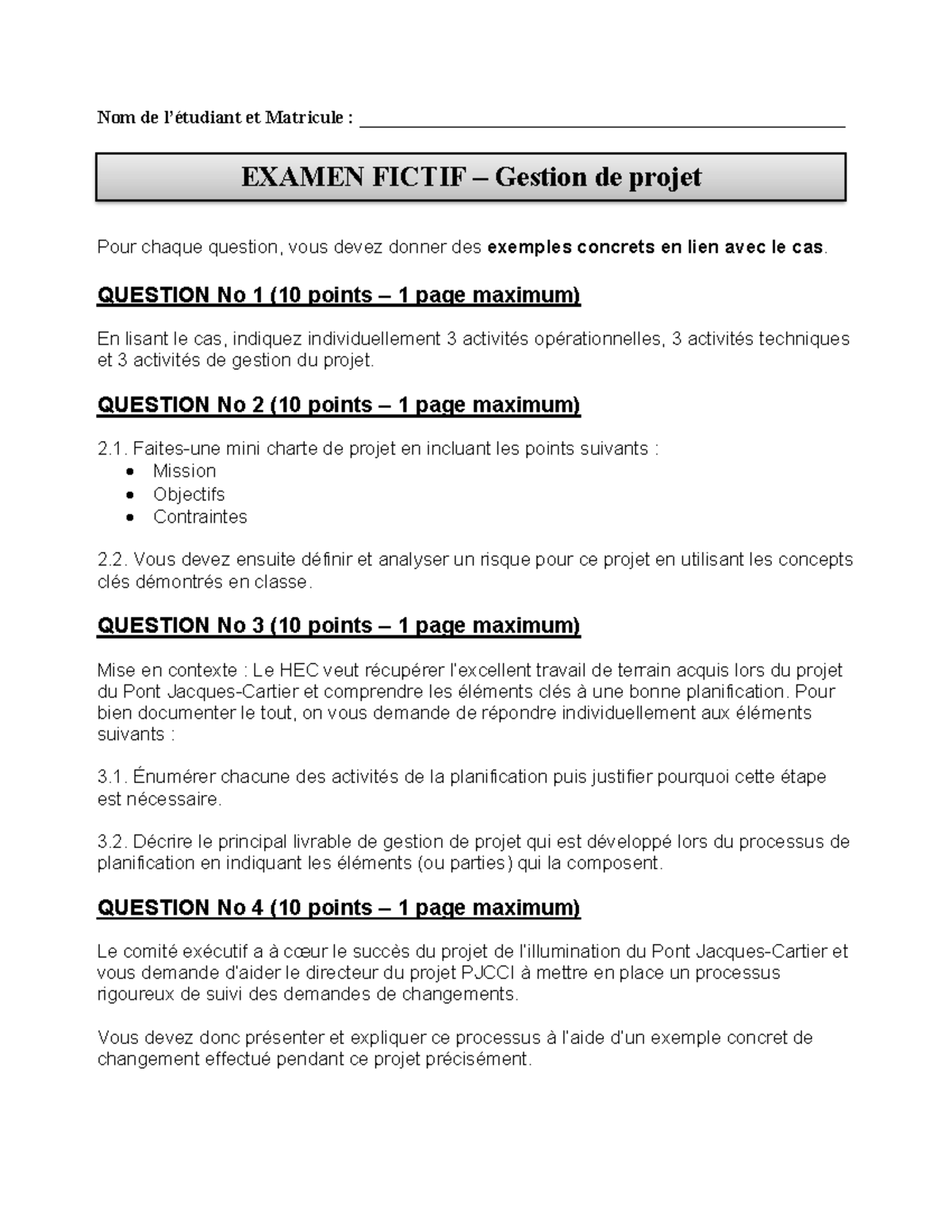 S12 - Examen Fictif Questionnaire Projet - Nom de l’étudiant et ...