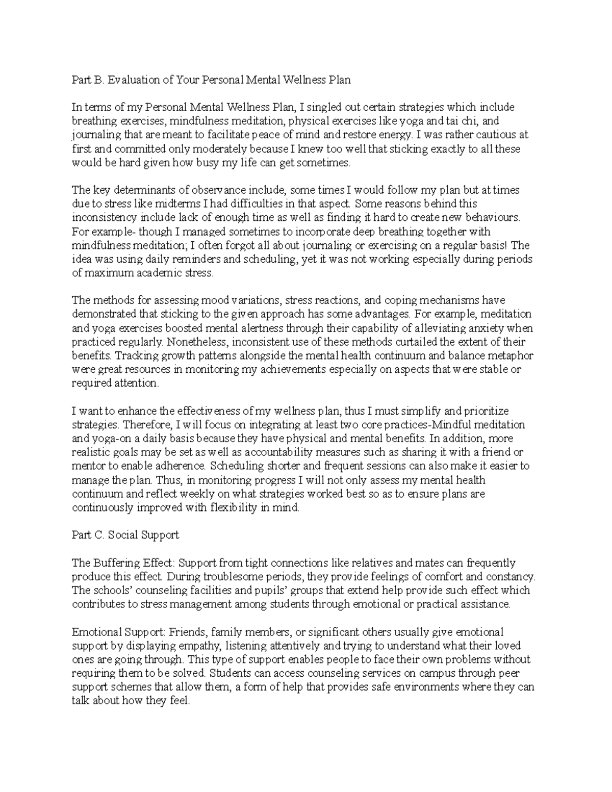 Assignment 4 - Personal Wellness Plan - Part B. Evaluation of Your ...