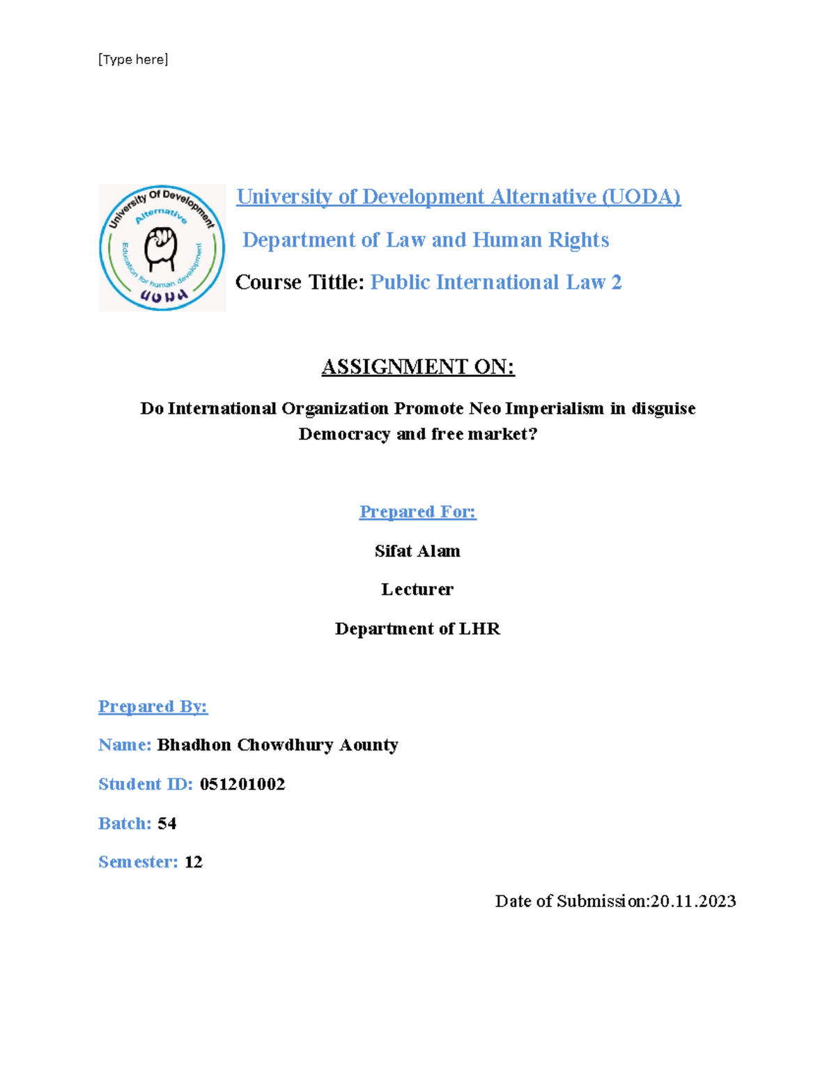 LHR - Assignment work - University of Development Alternative (UODA ...