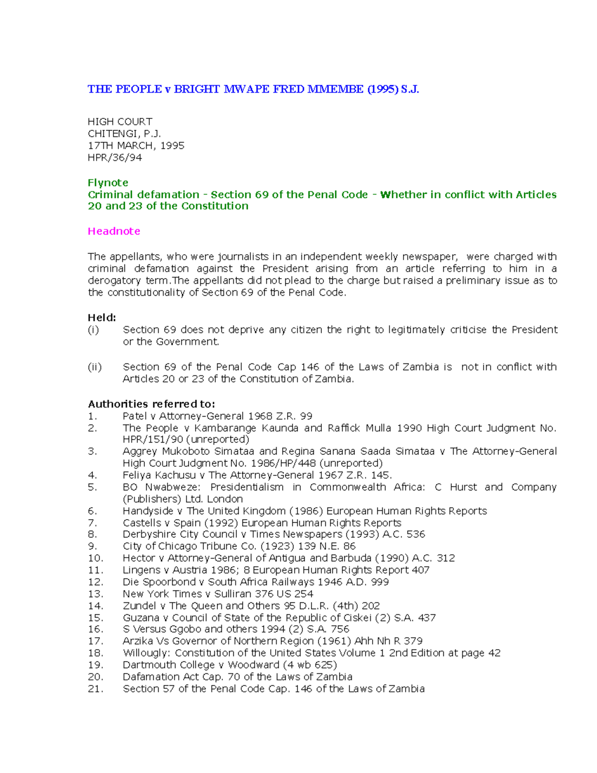 The people v bright mwape and fred m'membe - THE PEOPLE v BRIGHT MWAPE ...