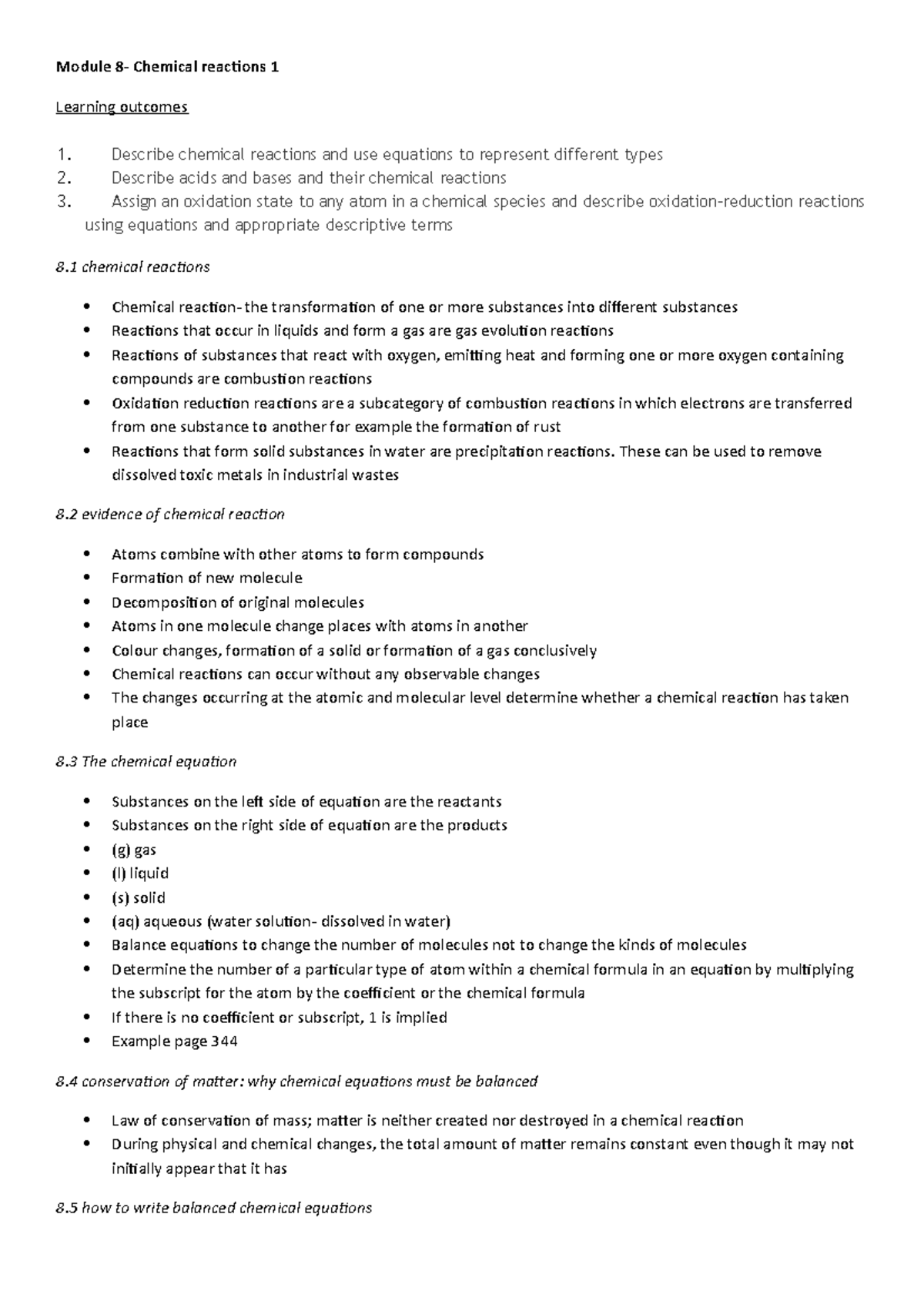 Module 8 - mod 8 - Module Chemical reactions 1 Learning outcomes 1. 2 ...