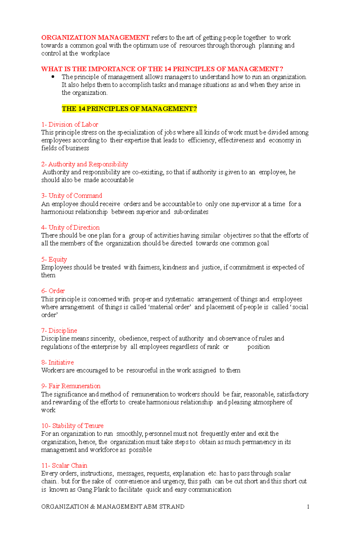 THE 14 Principles OF Management - ORGANIZATION MANAGEMENT refers to the ...