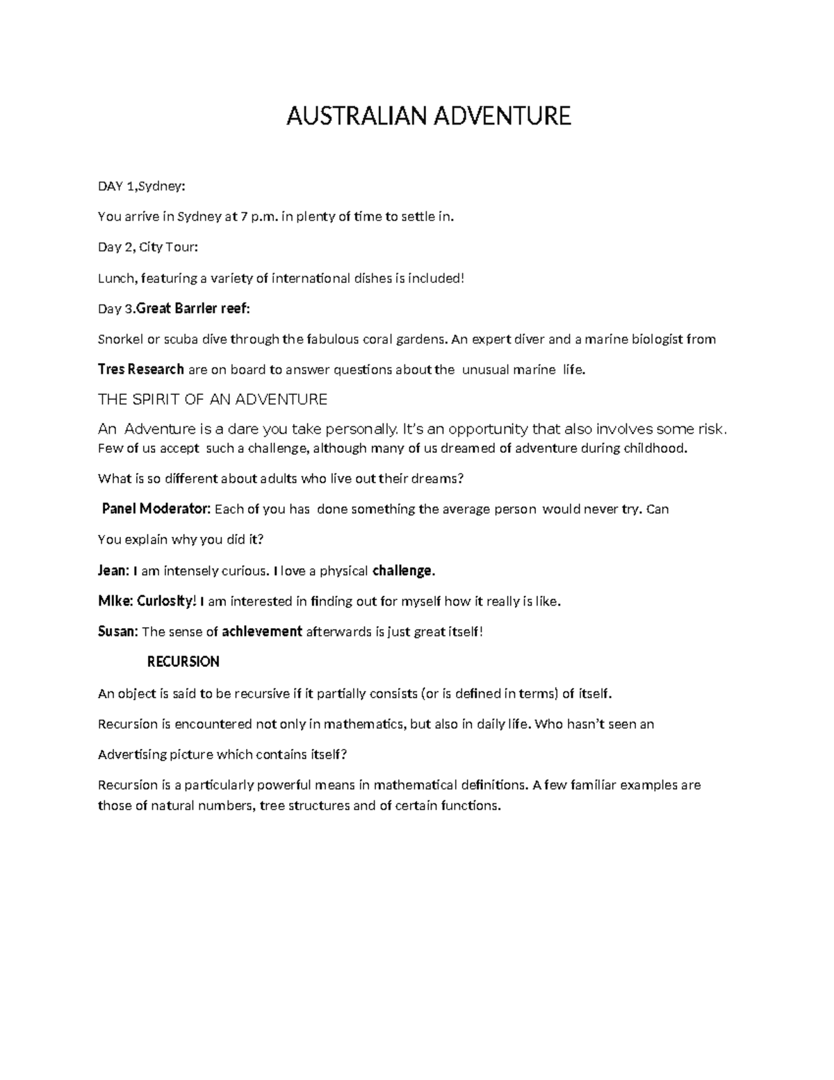 Adventure - practicing material - AUSTRALIAN ADVENTURE DAY 1,Sydney ...