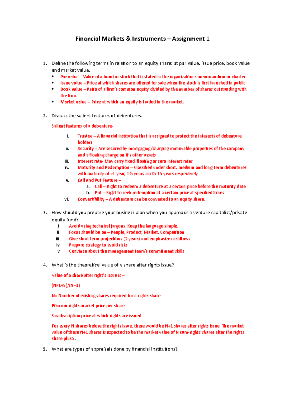 432 1 - FMI assignment - Financial Markets & Instruments – Assignment 1 1. Define the following ...