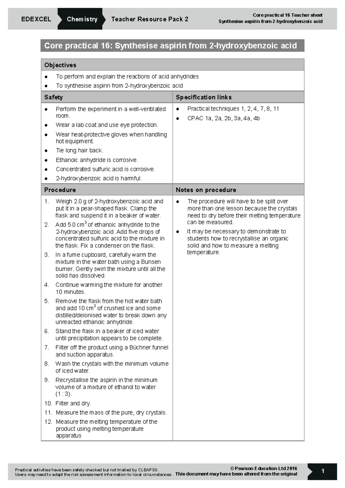 A level Chemistry Core Practical 16 - Aspirin - EDEXCEL Chemistry ...
