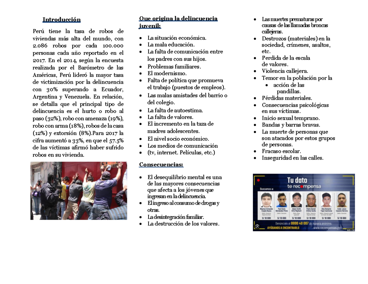 Triptico de Delincuencia - IntroducciÛn Per ̇ tiene la tasa de robos de ...