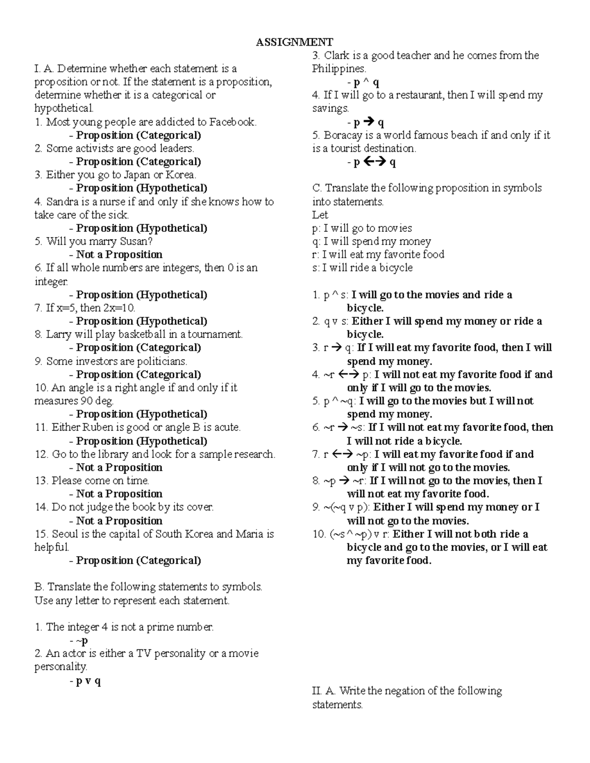 Math Assignment - ASSIGNMENT I. A. Determine whether each statement is ...