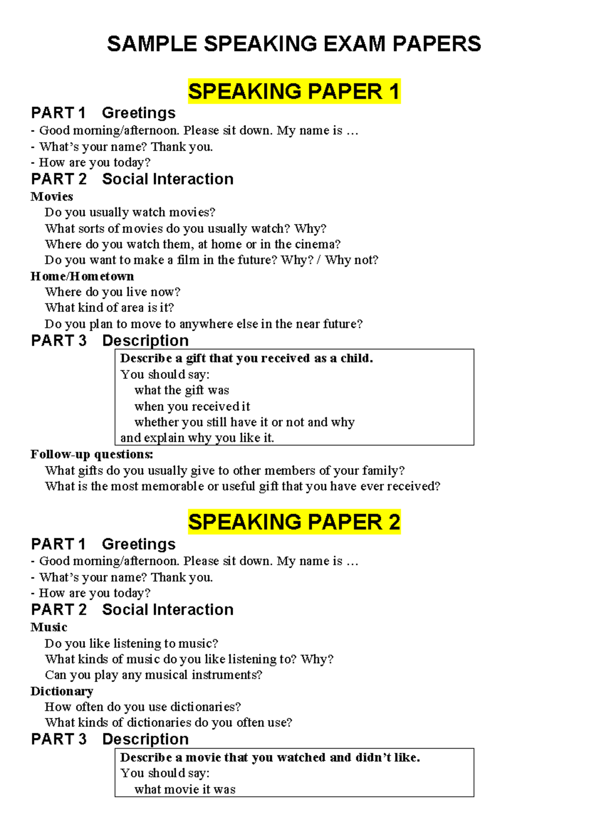 Sample- Speaking-EXAM- Papers - SAMPLE SPEAKING EXAM PAPERS SPEAKING ...