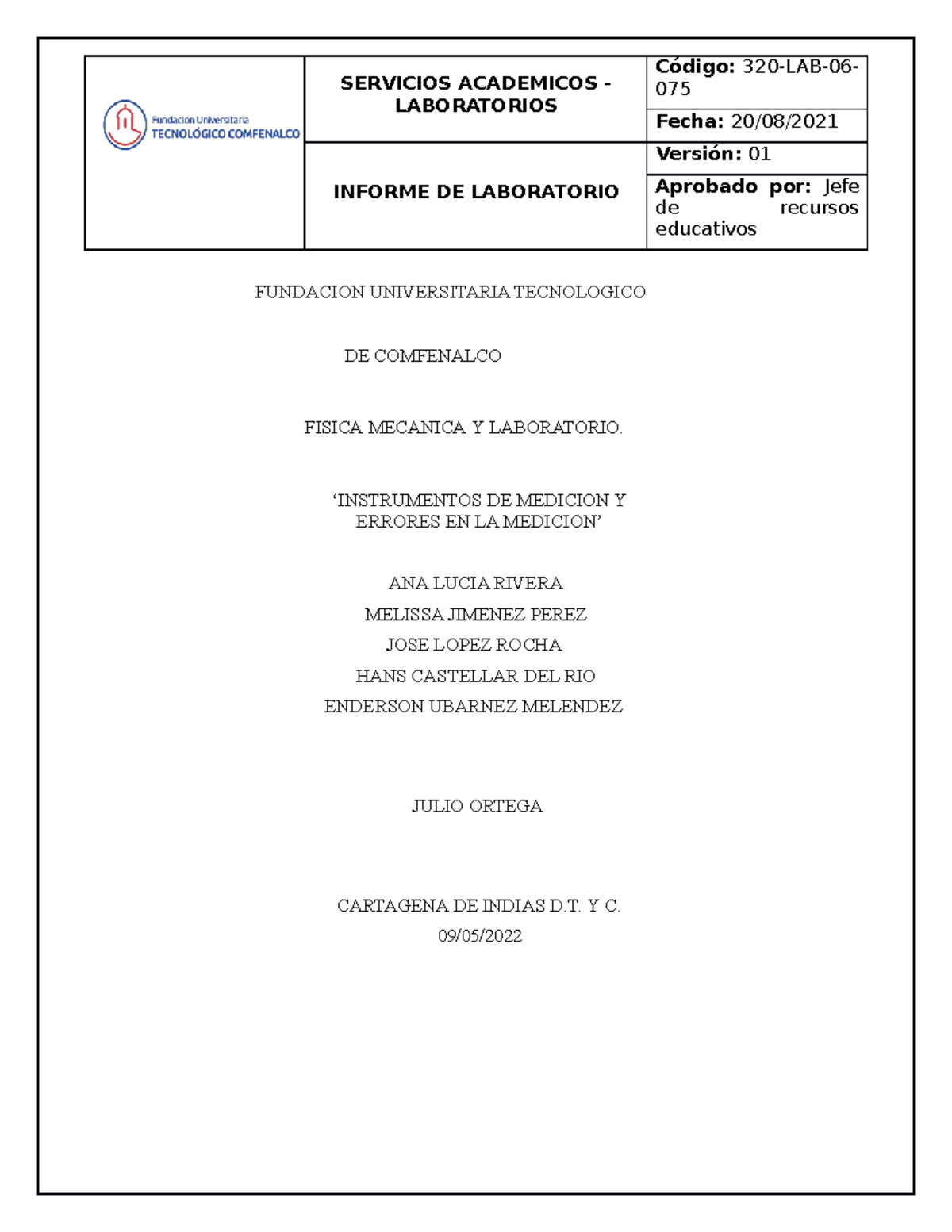 Informe de Laboratorio - Instrumentos de medicion Oficial - SERVICIOS ...