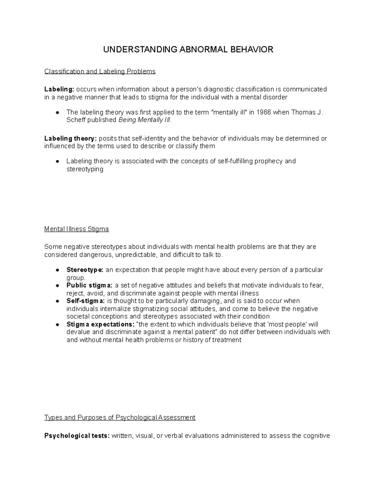 PSY 215 Understanding Abnormal Behavior Notes Part 2 - UNDERSTANDING ...