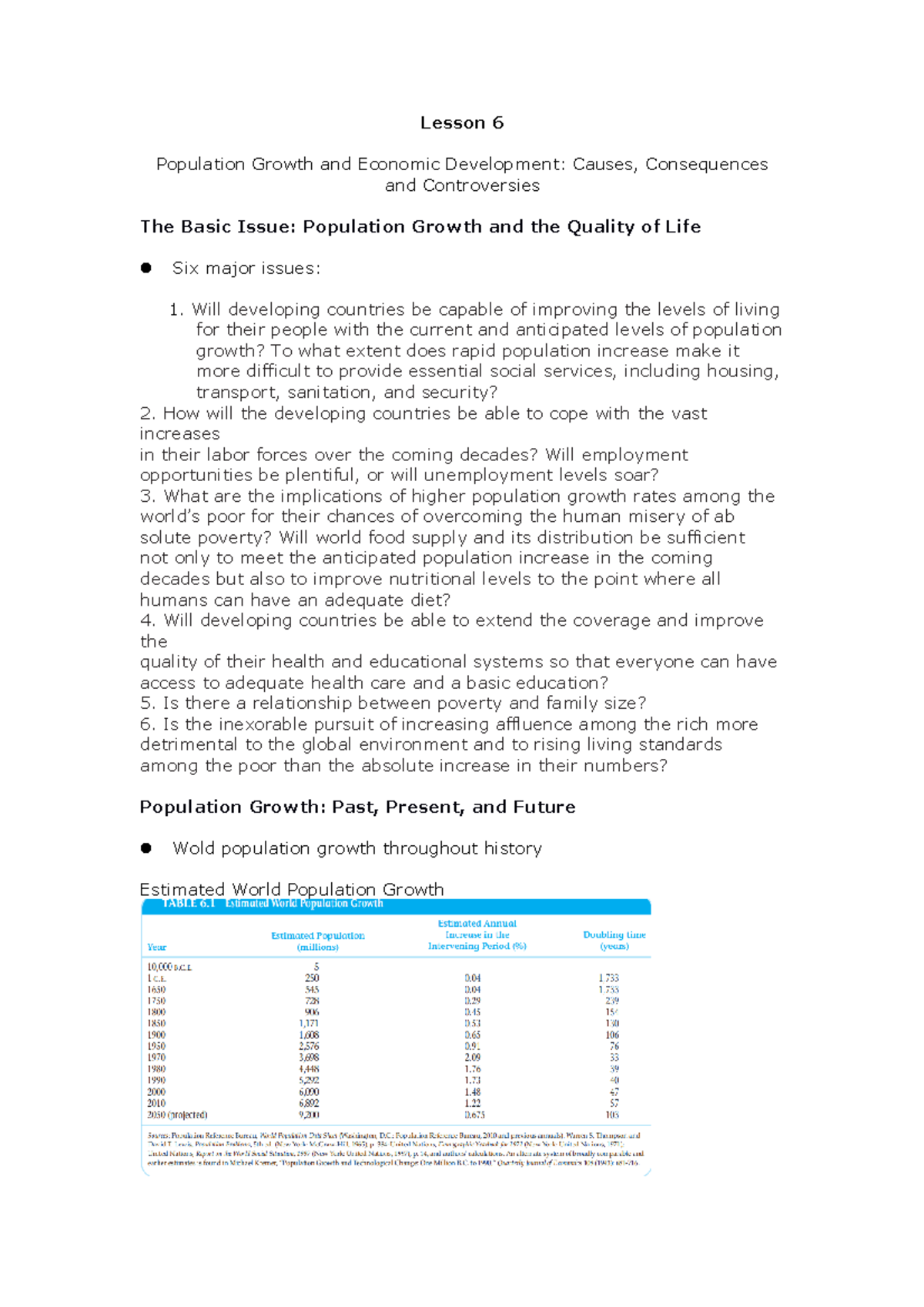 Lesson 6 Economic Development - Lesson 6 Population Growth and Economic ...