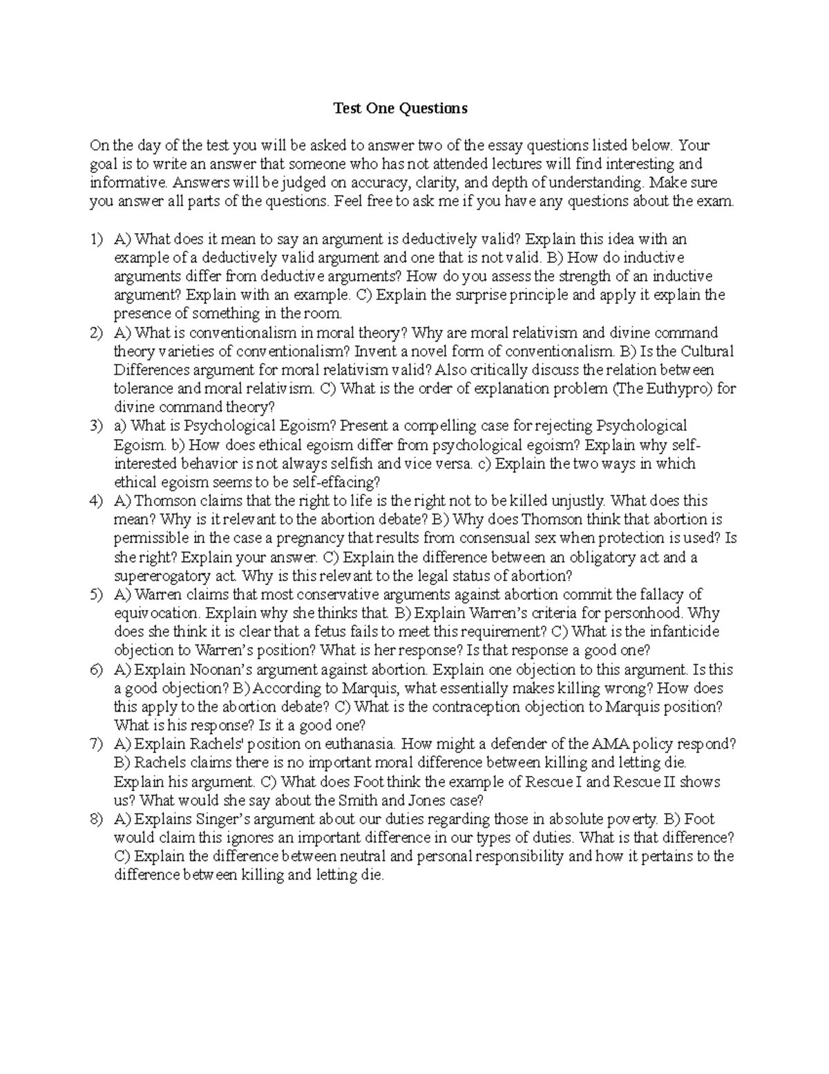 150test1 - Summary Ethical Reasoning - Test One Questions On the day of ...