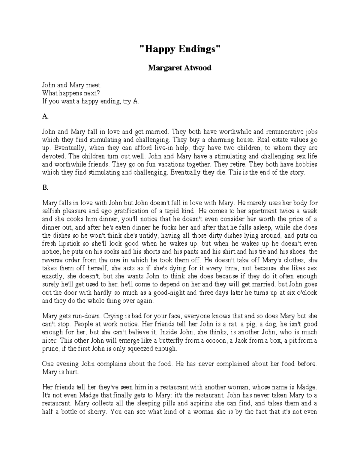 English 123 Margaret Atwood's Happy Endings (1) (1) - "Happy Endings ...