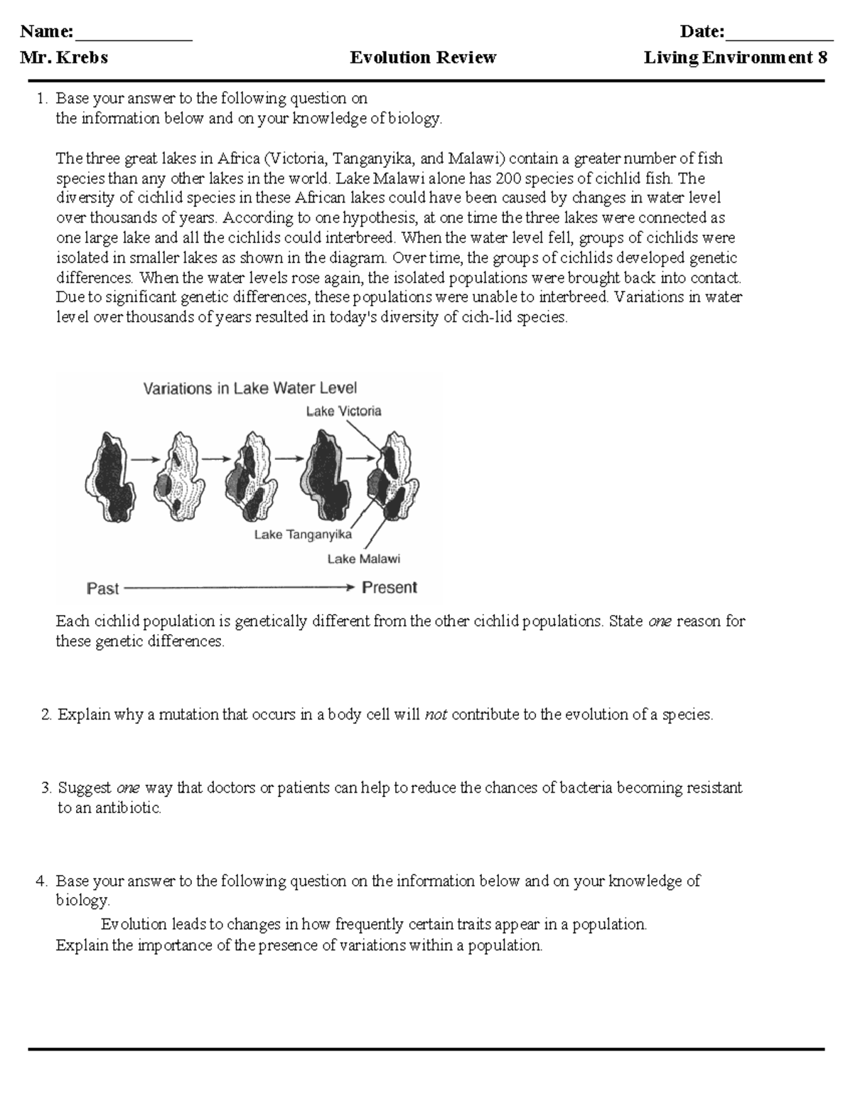Evolution Teacher - Name:____________ Date:___________ Mr. Krebs ...