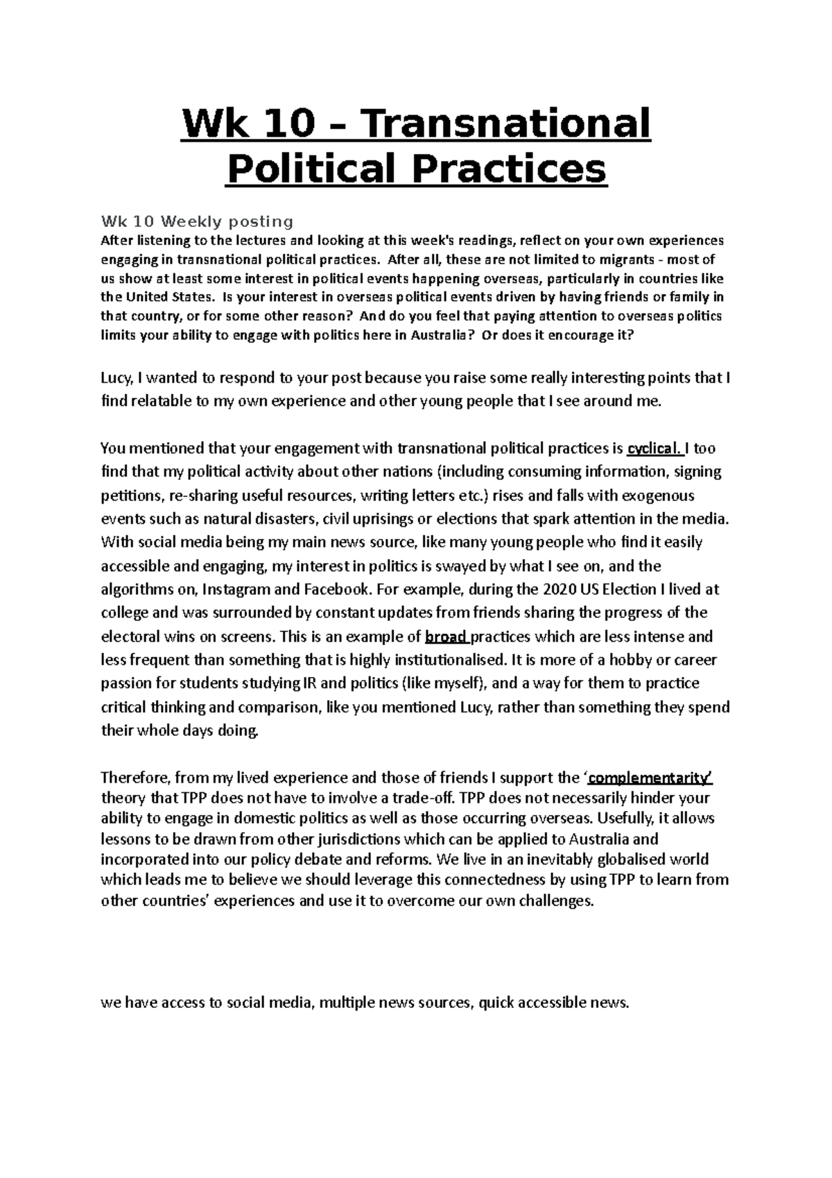 Wk 10 Transnational political practices notes - Wk 10 – Transnational ...