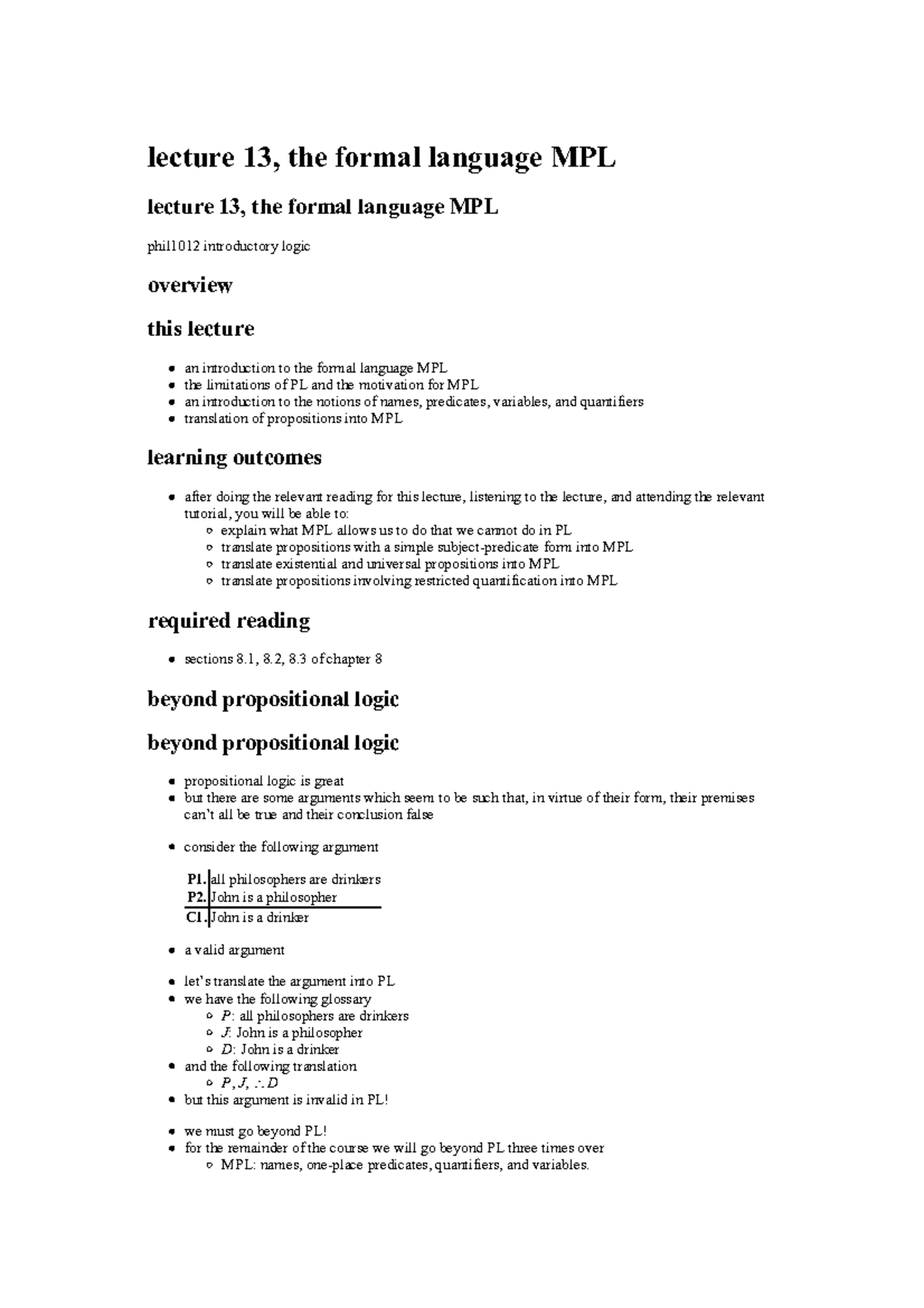 13 the formal language MPL handout - lecture 13, the formal language ...