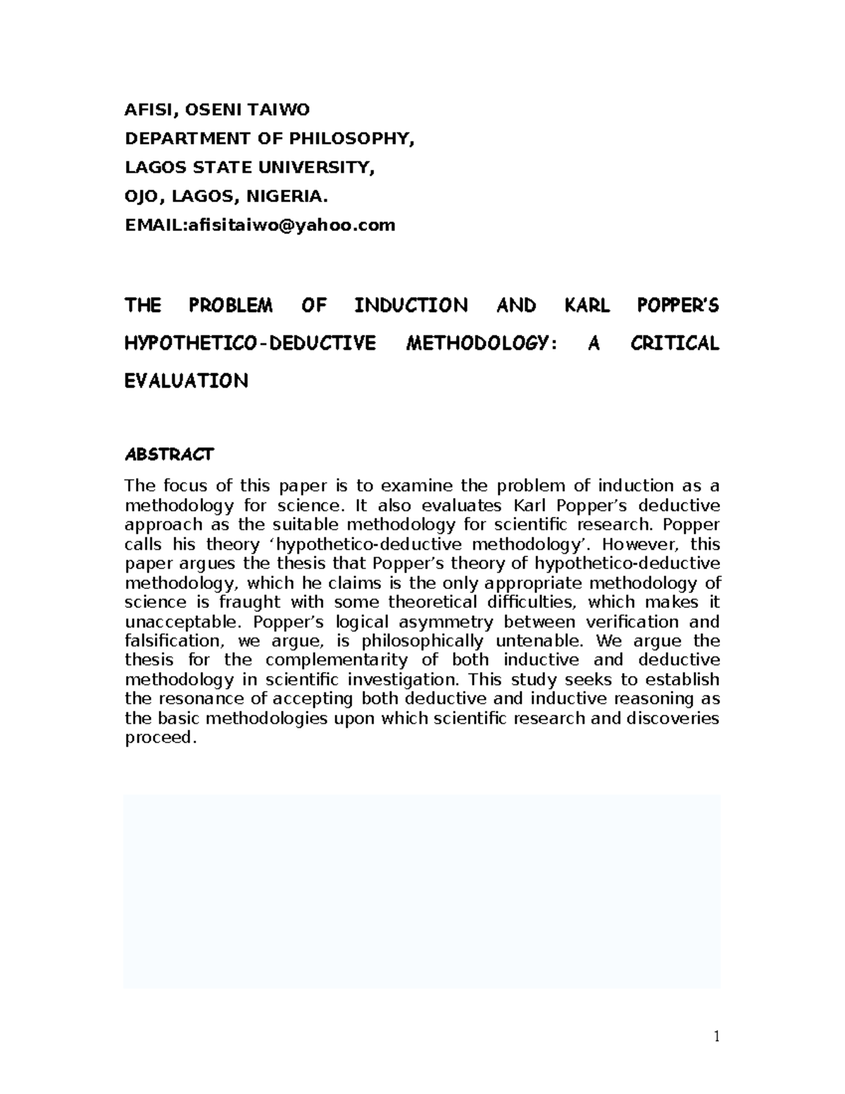 Karl Popper on Reasoning - AFISI, OSENI TAIWO DEPARTMENT OF PHILOSOPHY ...