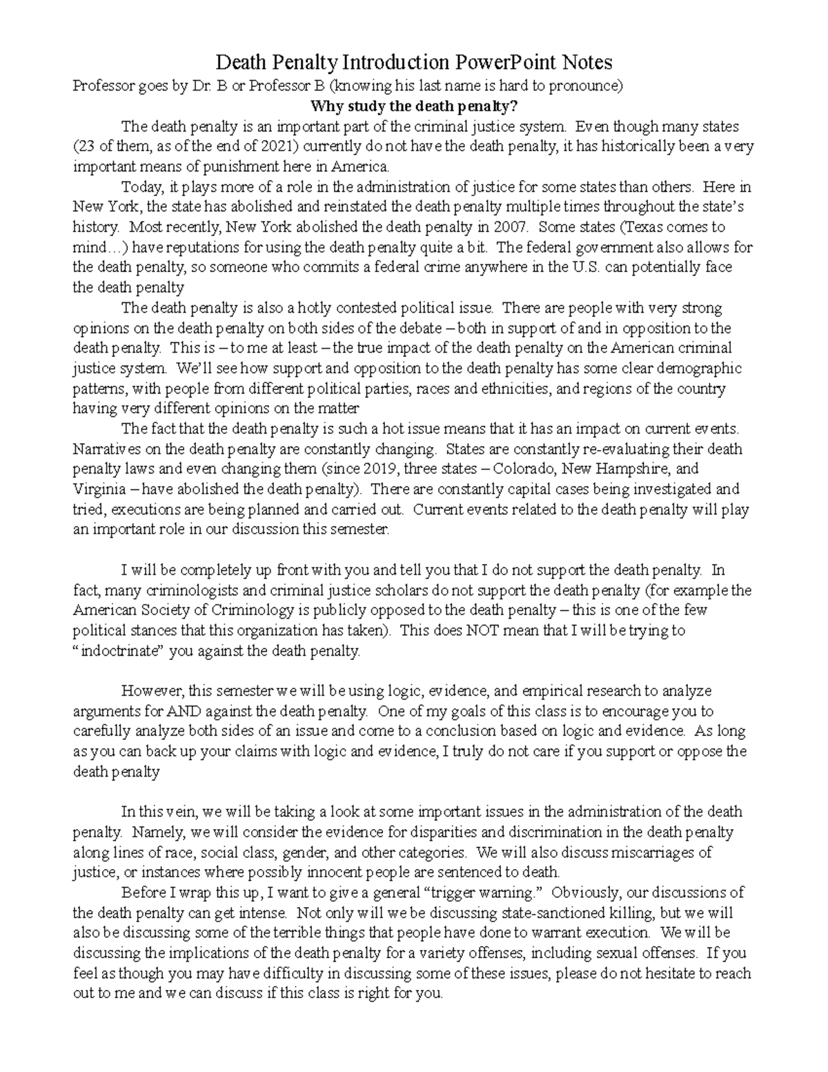 Death Penalty Introduction Power Point Notes - Death Penalty ...