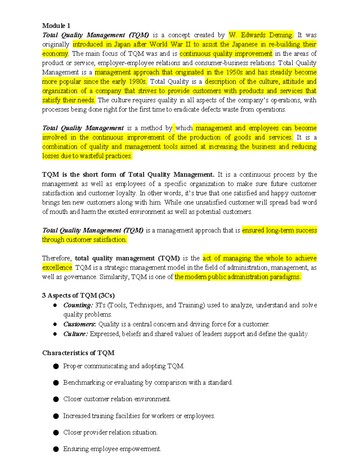 PNF Module 1 TQM - Module 1 Total Quality Management (TQM) is a concept ...