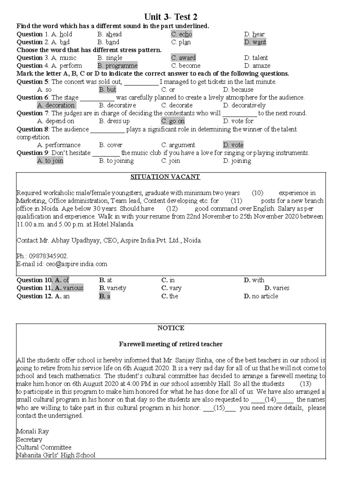 Grade 10- Unit 3- Test 2 - GV - Unit 3- Test 2 Find the word which has ...