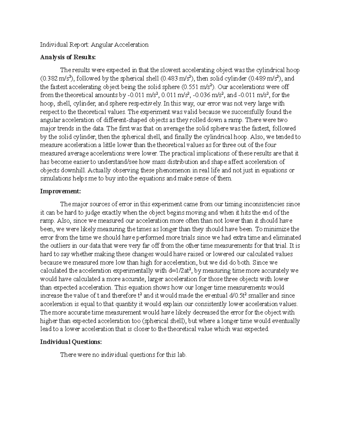 Lab 6 (angular acceleration) - Individual Report: Angular Acceleration ...