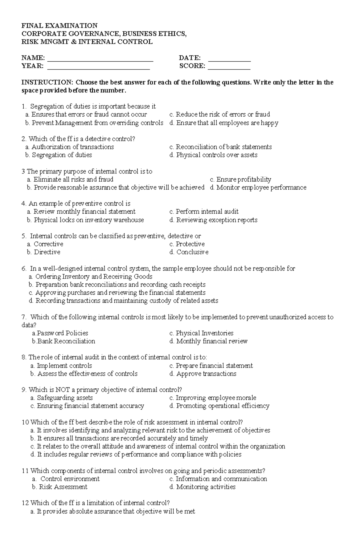 Final Examination - Cgbermic - BSA 2 without answer key - FINAL ...