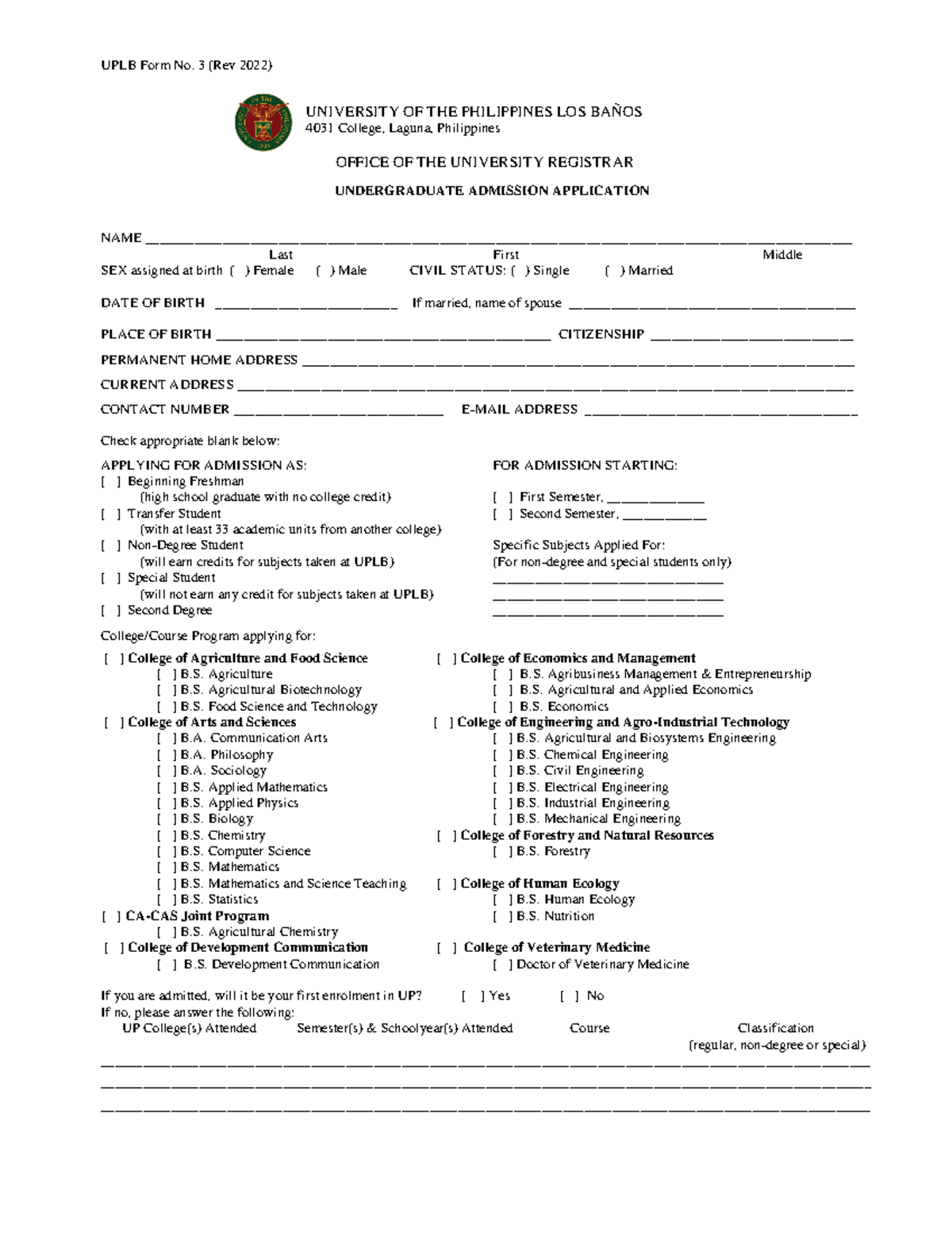 UPLB Form 3 2022 - Forms - UPLB Form No. 3 (Rev 2022) UNIVERSITY OF THE ...