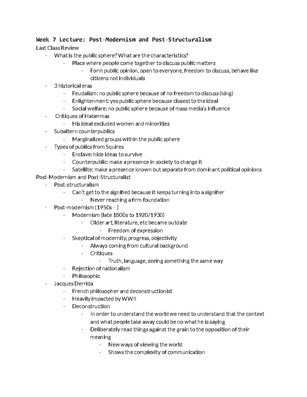 J 314 Post-Modernism and Post-Structuralism Lecture (Week 7) - Week 7 ...
