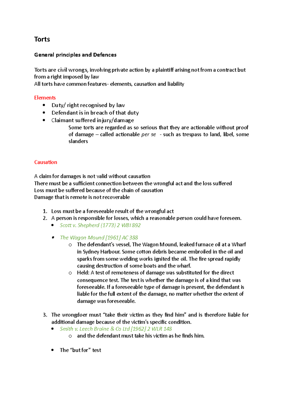 Torts - Torts General principles and Defences Torts are civil wrongs ...