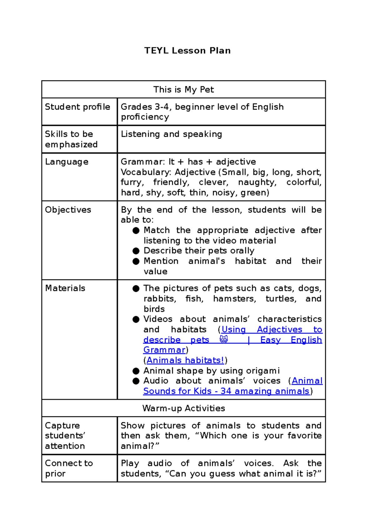 Practical Lesson Plan TEYL - TEYL Lesson Plan This is My Pet Student ...