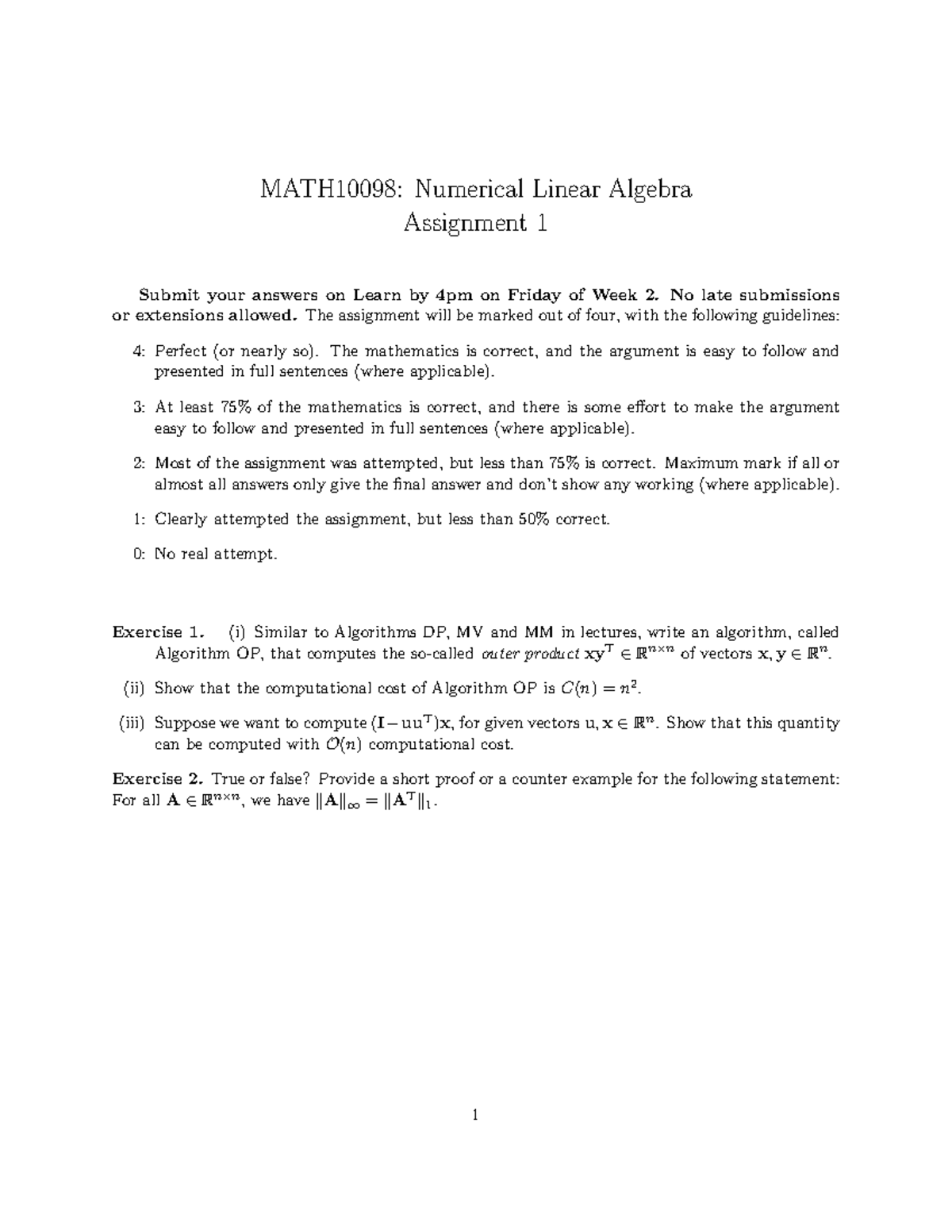 Assignment 1 - MATH10098: Numerical Linear Algebra Assignment 1 Submit your answers on Learn by ...