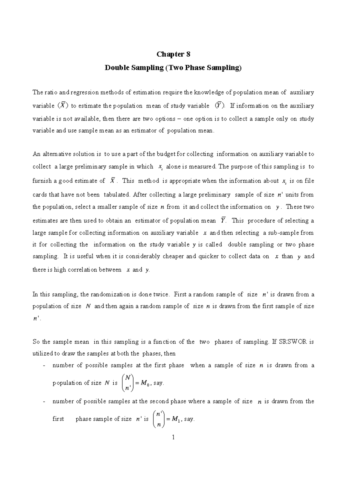 Lecture notes for this sem - ####### Chapter 8 ####### Double Sampling ...