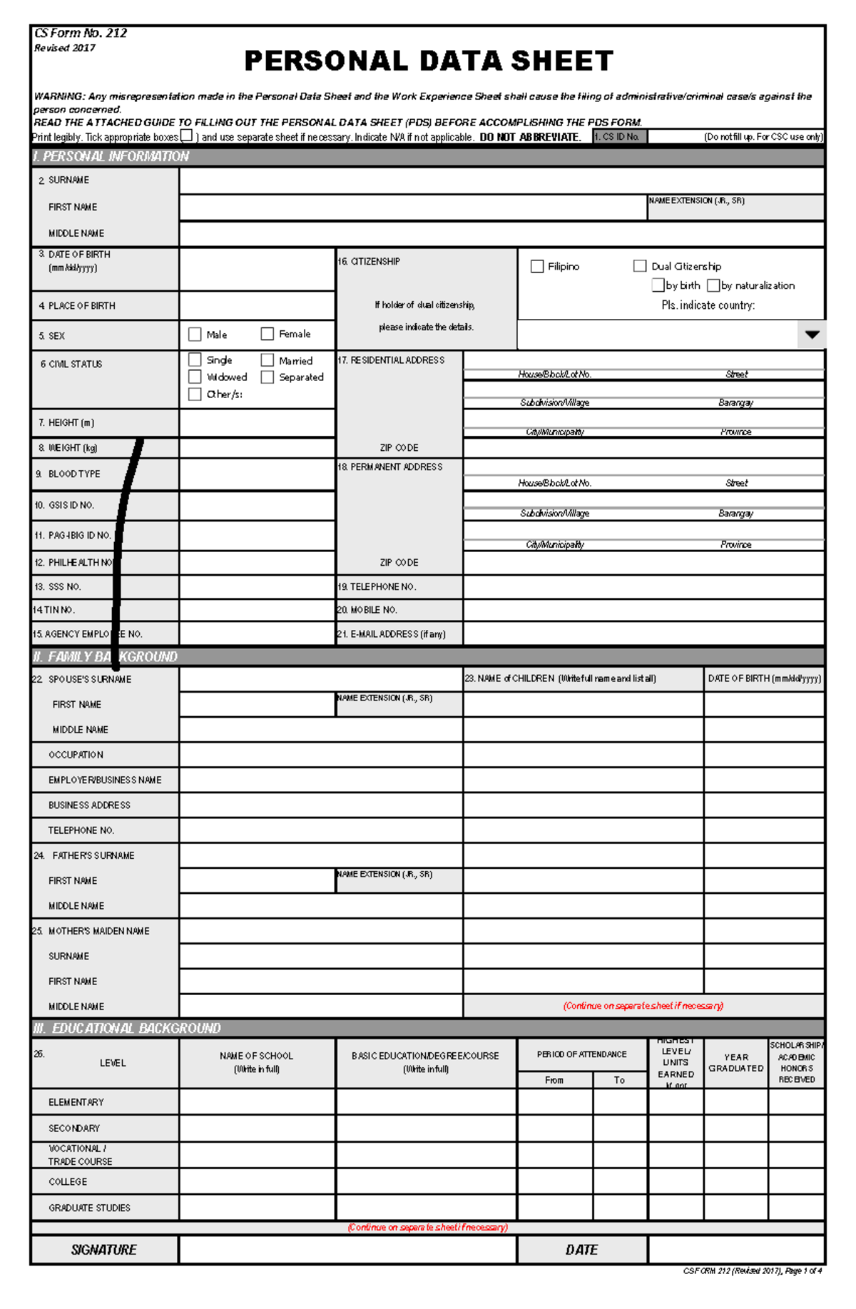 Personal Data Sheet CS Form No - Print legibly. Tick appropriate boxes ...
