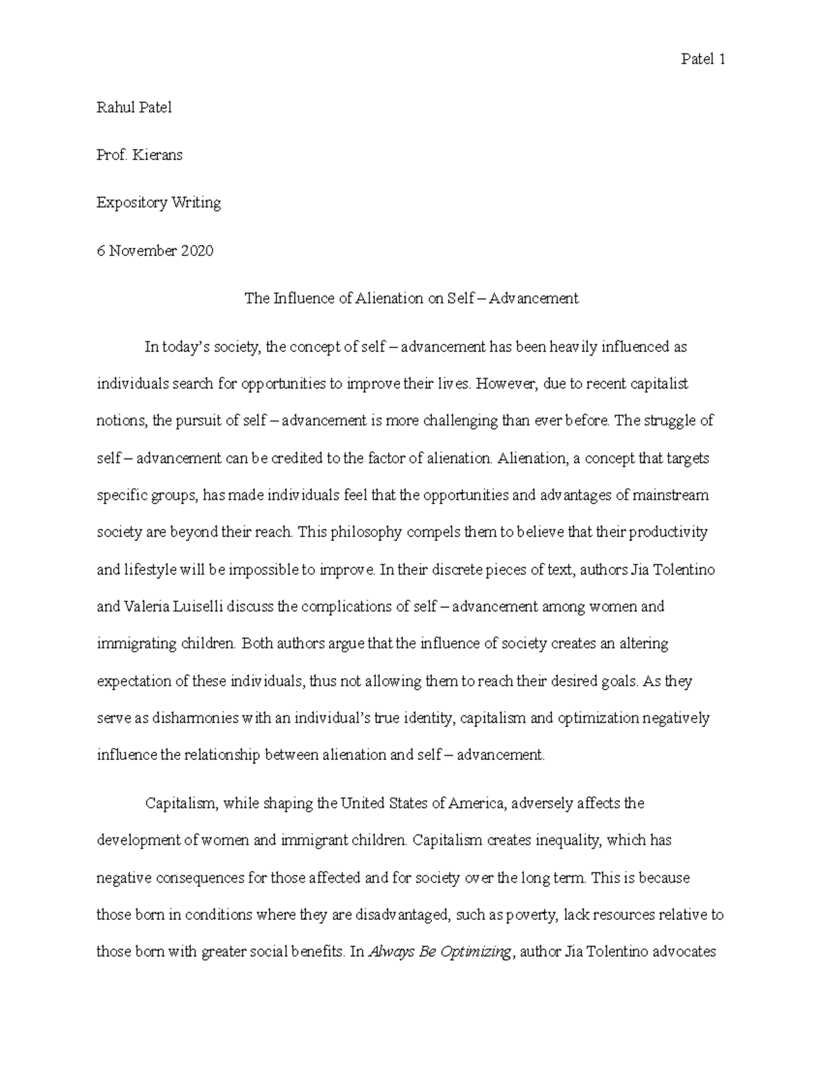 Analytic Essay 3 Final Draft - Rahul Patel Prof. Kierans Expository ...