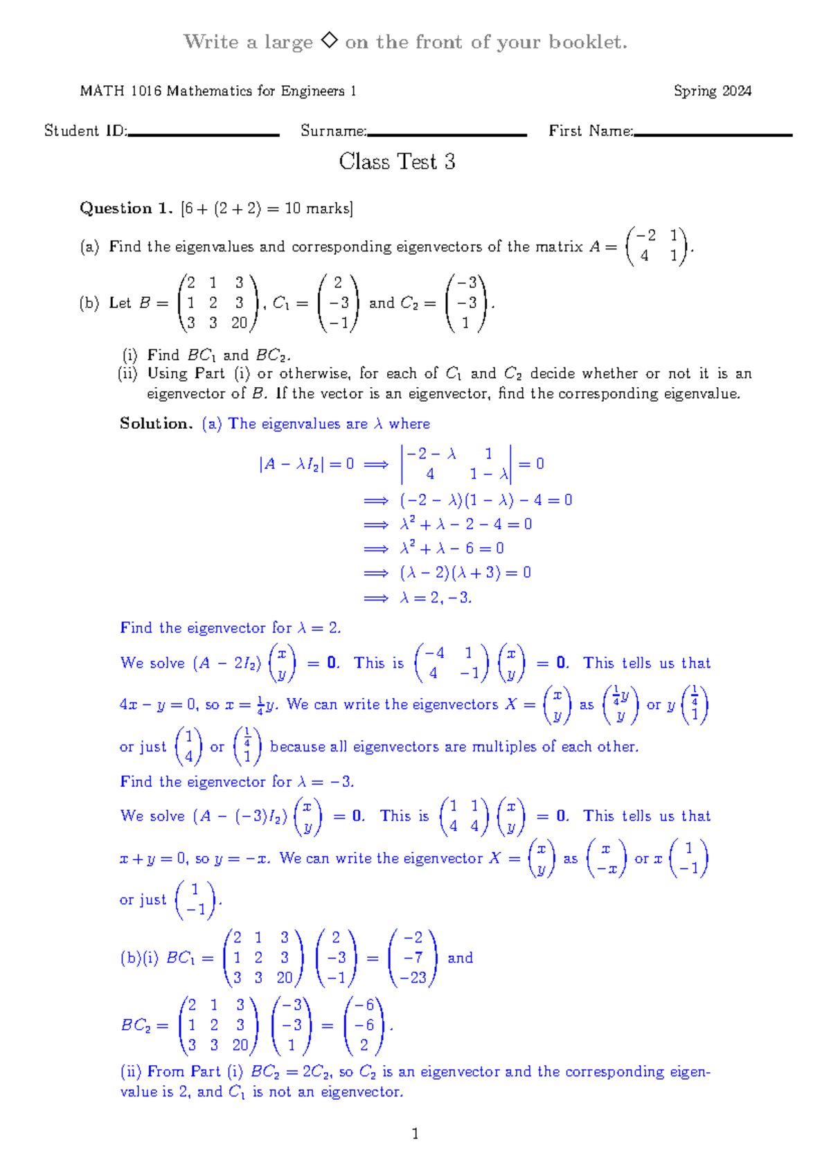 MATH1016 Class Test 3 (Diamond) - MATH 1016 Mathematics for Engineers 1 ...