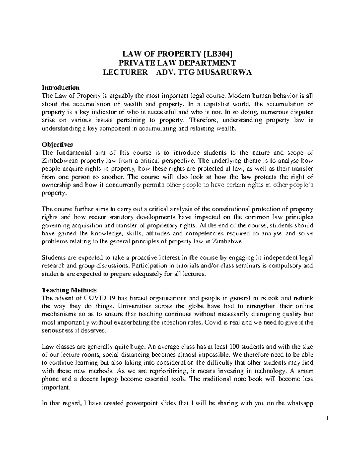 Property Law Course Outline 2020 - LAW OF PROPERTY [LB304] PRIVATE LAW ...