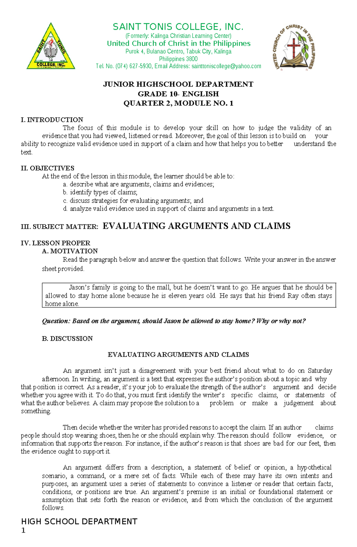 English 10-Q2- Module NO.1- Argumentation - SAINT TONIS COLLEGE, INC. (Formerly: Kalinga ...